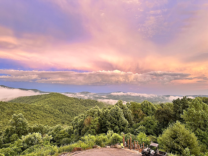 The castle commands breathtaking views of the Blue Ridge Mountains, with misty valleys and rolling hills stretching to the horizon like a living painting.
