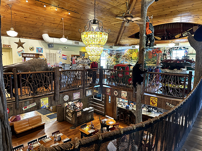 The view from above reveals the restaurant's heart&mdash;a gathering place where food, conversation, and mountain charm converge under wooden beams.