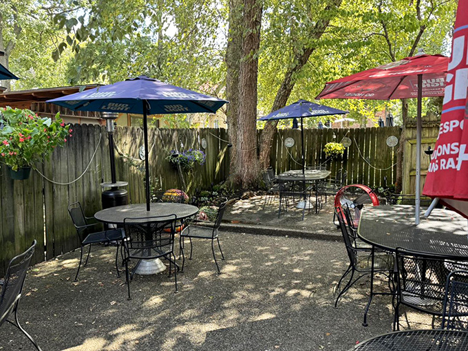 When Arkansas weather permits, the outdoor seating area offers a peaceful retreat to digest both your meal and life's big questions.