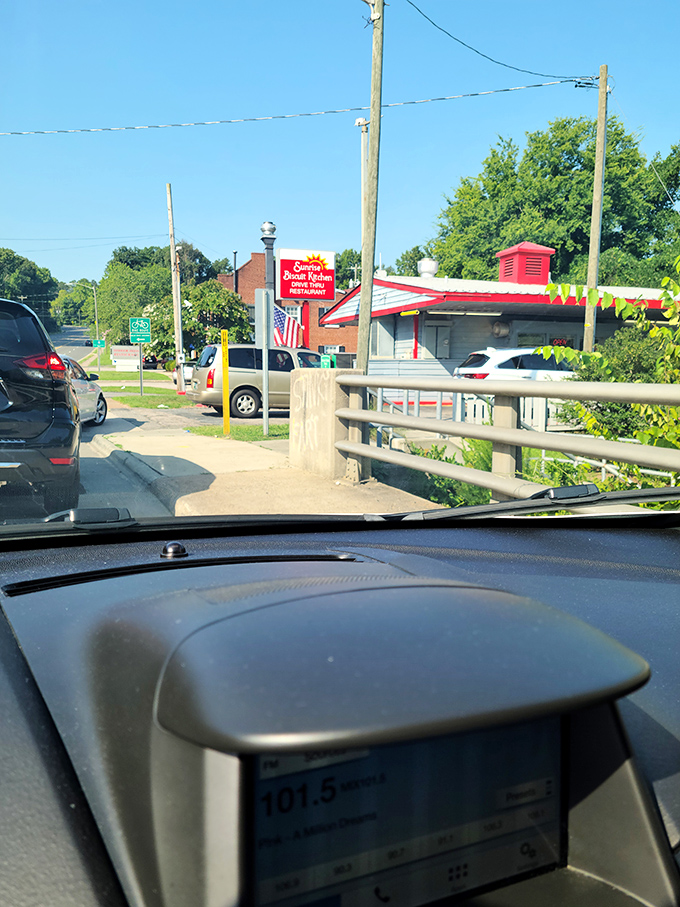 Morning in America looks like this: Cars lined up for biscuit salvation, the day's first important decision already brilliantly made.