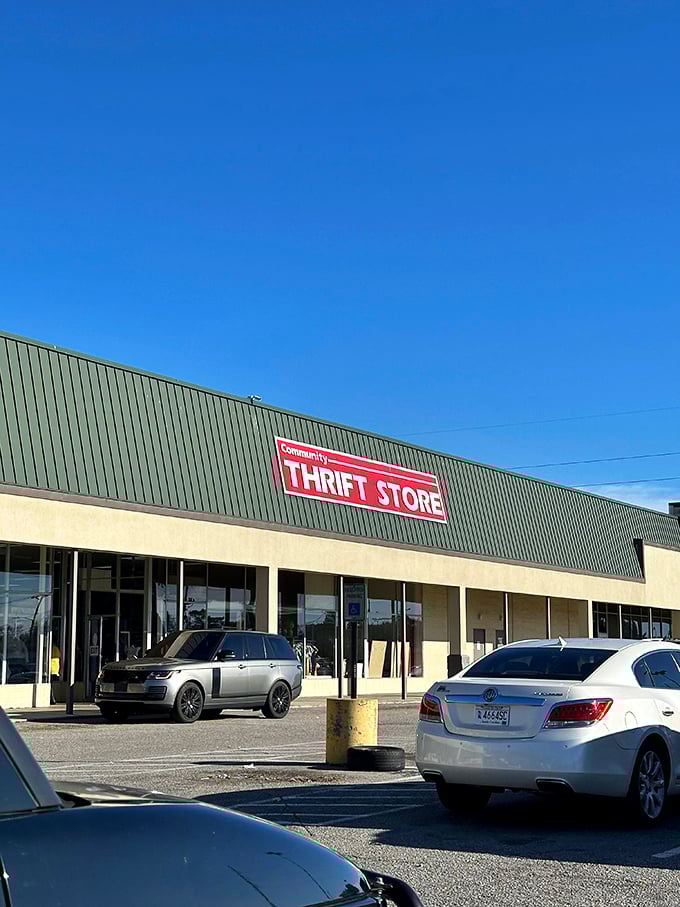 Even luxury cars fill the parking lot on busy days. Thrifting transcends economic boundaries when the treasures are this good.