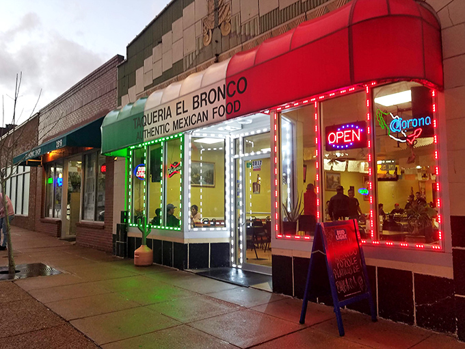 As evening falls, El Bronco's neon glow becomes a beacon for those seeking authentic Mexican flavors in the heart of St. Louis.