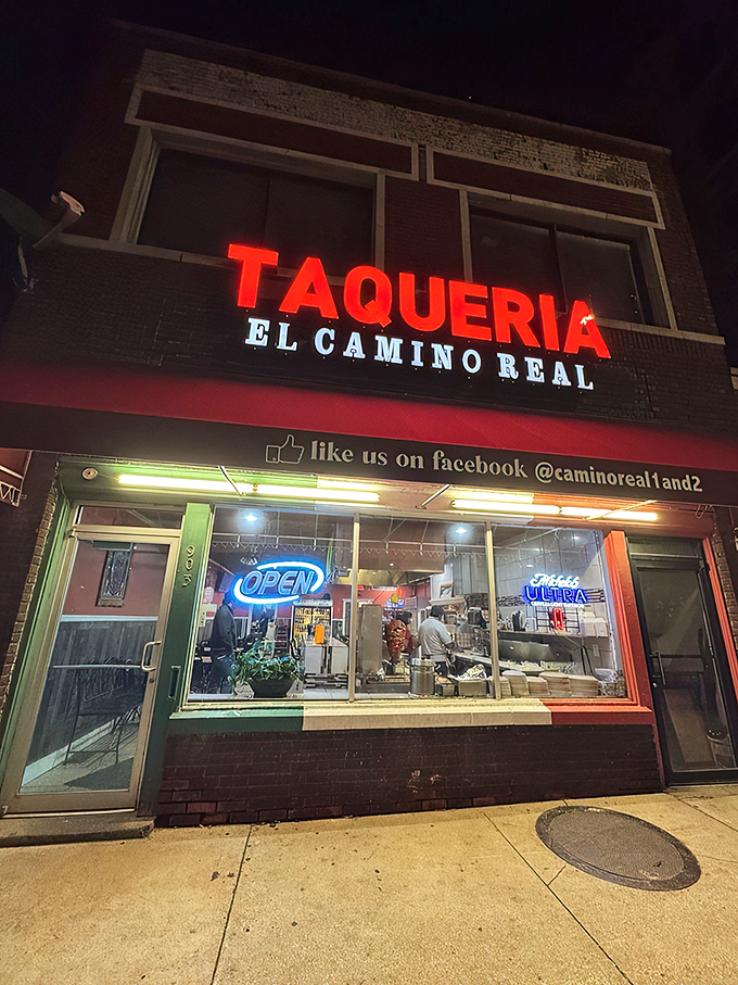 When the sun goes down, the red neon glows like a lighthouse for those seeking refuge from mediocre meals. El Camino Real becomes even more inviting after dark.
