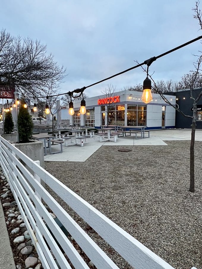 Even from the outside at dusk, Hancock glows with possibility. Those string lights aren't just illumination&mdash;they're beacons guiding hungry travelers to fried chicken nirvana.