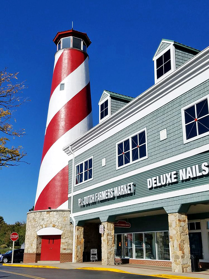 Blue skies and red stripes&mdash;the market's lighthouse exterior promises what every food lover seeks: a beacon of deliciousness in a sea of ordinary.