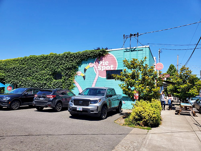 The flamingo mural on this turquoise building is Portland's way of saying, "Yes, we take our food seriously, but we don't take ourselves too seriously."