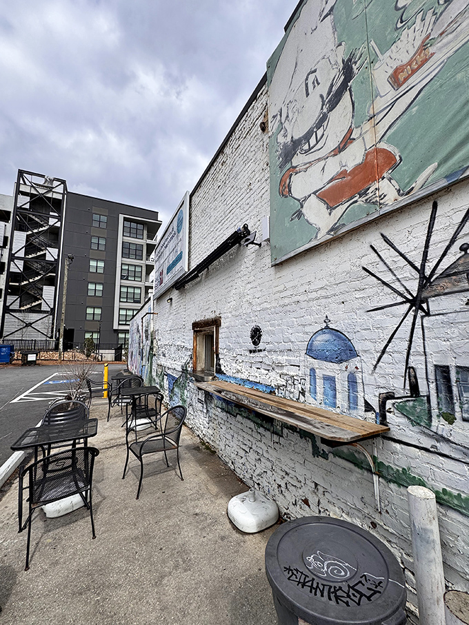 The simple outdoor seating area features touches of Greek nostalgia painted on white walls. Like eating in a Mediterranean postcard that happens to be in Atlanta.