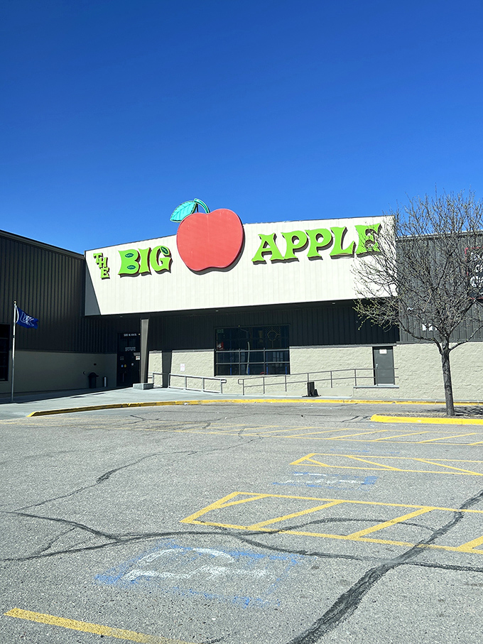 Blue skies frame the Big Apple's exterior&mdash;a rectangular building that somehow contains infinite amounts of family fun. Bigger on the inside!
