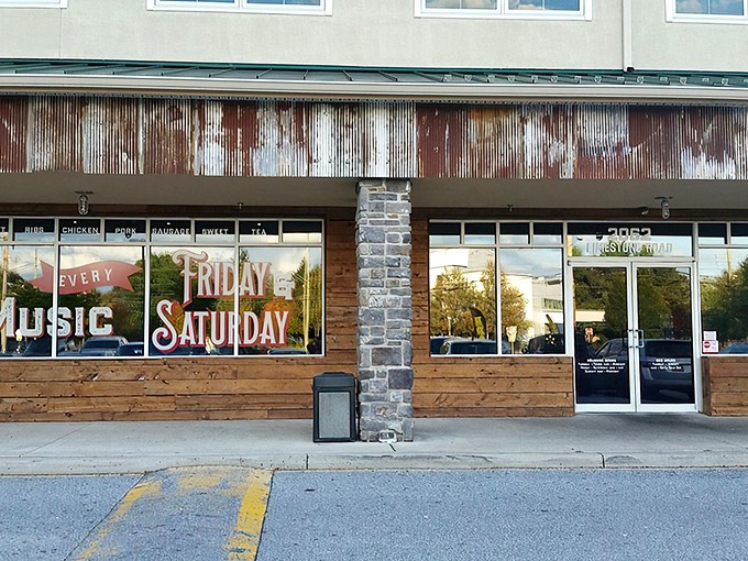 The storefront promises "MUSIC FRIDAY SATURDAY" because great barbecue deserves its own weekend soundtrack.