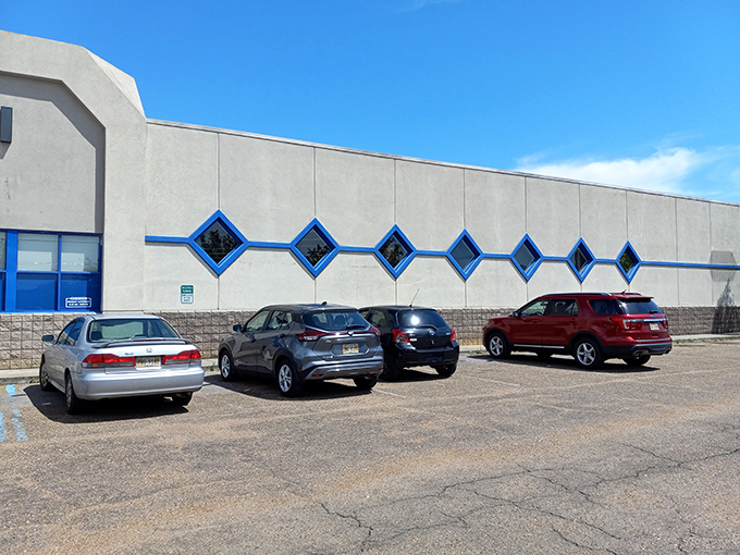 The store's distinctive blue diamond windows add architectural character to this temple of thrift and possibility.