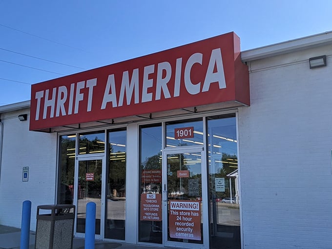 The entrance to Thrift America&mdash;where the hunt begins and wallets breathe easier. Adventure awaits behind those unassuming glass doors.