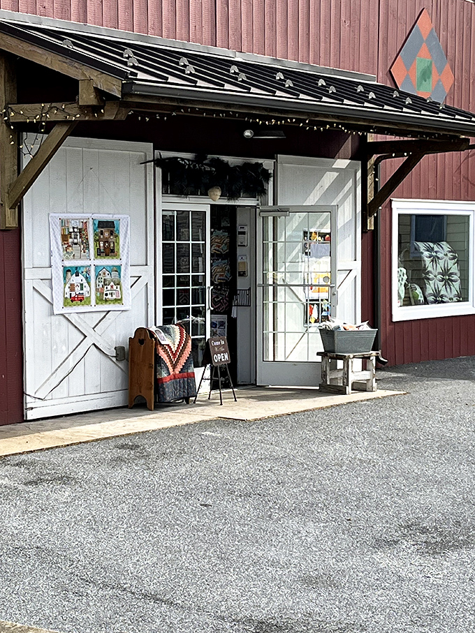 The welcoming entrance with its barn-style doors and rustic charm invites you to step into a world where fabric dreams come true.
