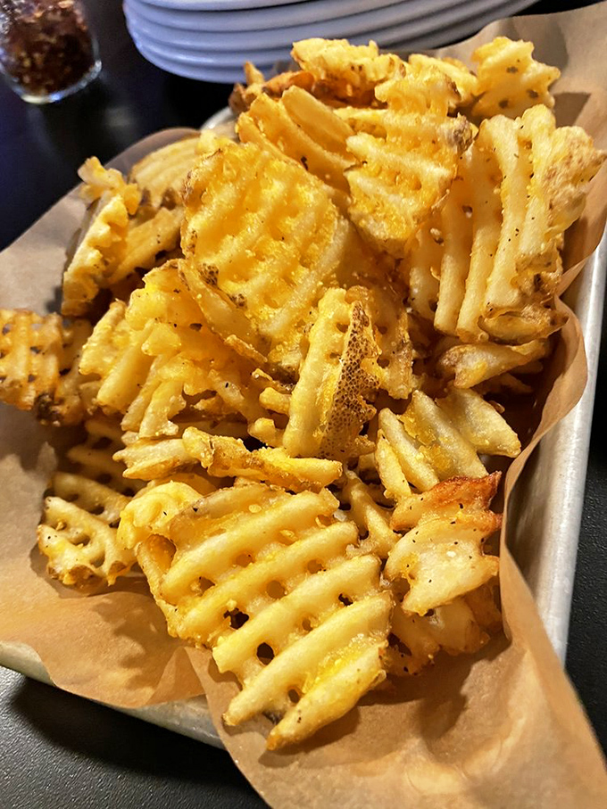 Waffle fries: the perfect post-race finger food. Their grid pattern reminds you of the checkered flag you narrowly missed seeing first.