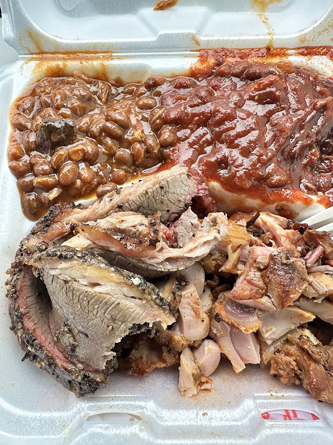 A barbecue bounty of brisket, chicken, and beans. The kind of meal that requires a nap afterward and zero regrets.