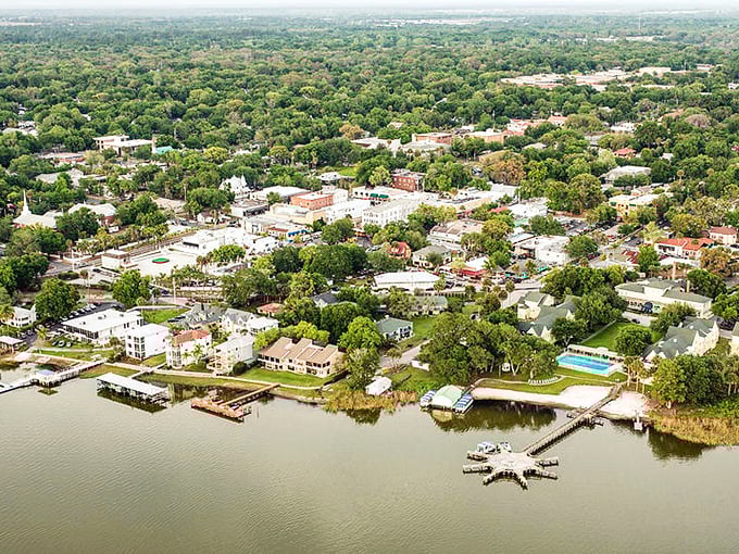 From above, Mount Dora reveals its perfect balance&mdash;a charming town nestled between blue waters and green canopy, like Florida's best-kept secret.