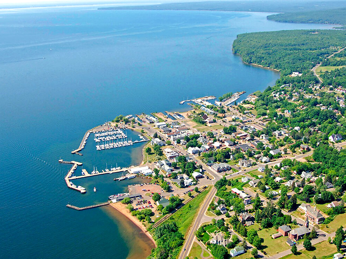 From above, Bayfield reveals its perfect positioning&mdash;a community nestled between forest green and Superior blue, like nature's perfect color scheme.