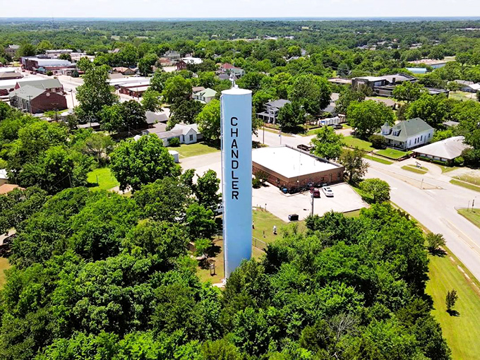 From above, Chandler reveals itself as an oasis of green, with its iconic water tower standing tall among tree-lined streets and historic buildings.