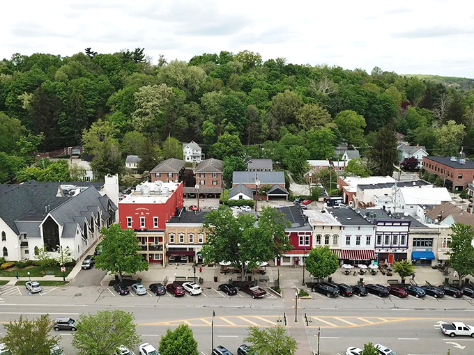 From above, Granville reveals its perfect small-town symmetry—a main street embraced by trees and history, all wrapped in Ohio's green embrace.
