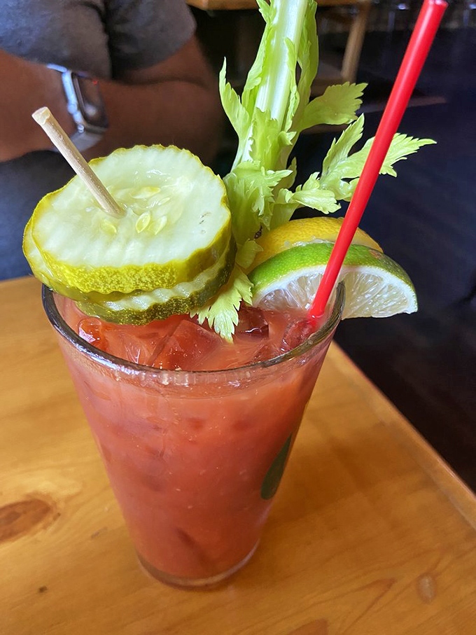 A Bloody Mary so elaborate it's practically a salad. The garnish game here is championship level.