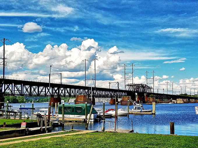 The railroad bridge frames boats below like a perfect postcard waiting to happen. Where transportation past and present create Havre de Grace's scenic signature.