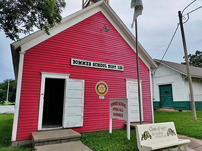 The bright red Bommer School stands as a cheerful reminder of education's rural roots. One-room schoolhouses taught generations before screens replaced chalkboards.