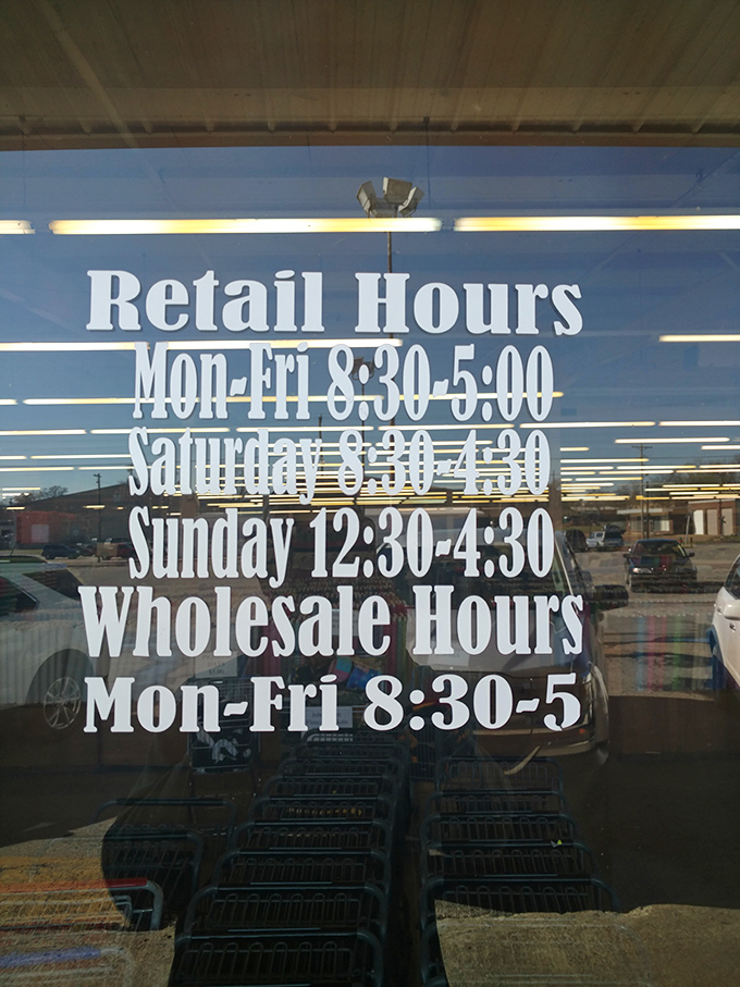 The hours posted clearly&mdash;because knowing when you can return for "just one more yard" is essential information for fabric addicts.