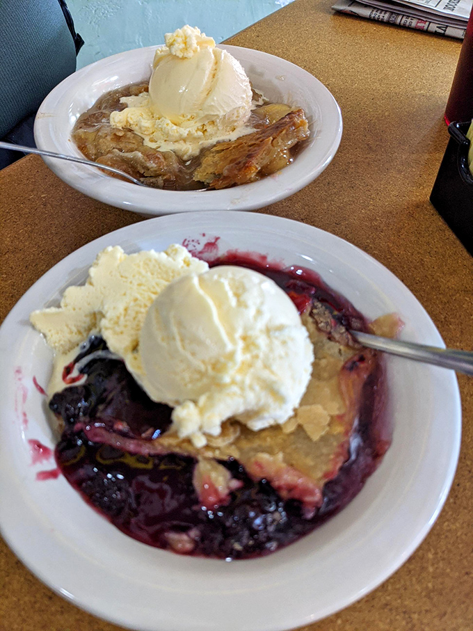 Dueling desserts: warm apple cobbler meets berry pie in a sweet standoff, both crowned with ice cream melting into their warm, fruity embrace.