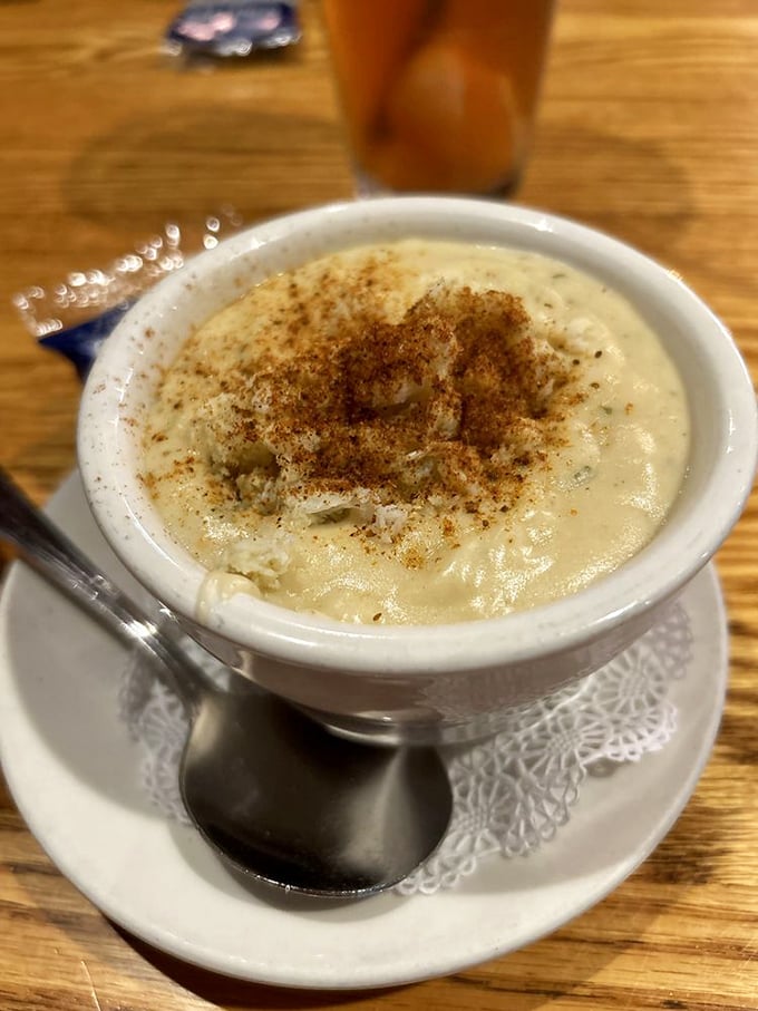 Cream of crab soup that's thick enough to stand a spoon in. Maryland's liquid gold topped with a sprinkle of Old Bay is comfort in a cup.