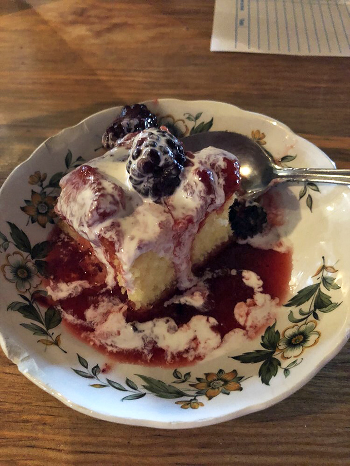 Homemade dessert served on grandma's china&mdash;because after conquering Mount Meatmore, you deserve something sweet as your victory trophy.