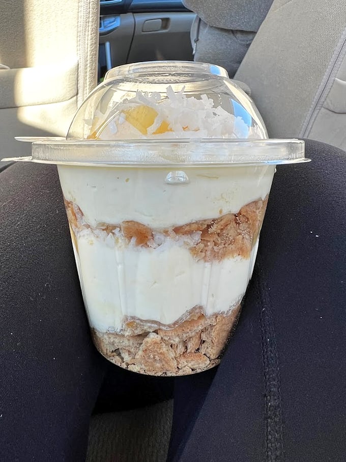 Layers of comfort in a plastic cup&mdash;proof that sometimes the best desserts don't need fancy china to feel luxurious.