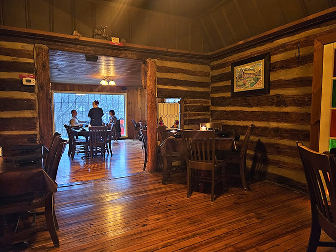 Log walls and polished wood floors create dining spaces that feel both special and comfortable. Like eating in a magazine spread come to life.