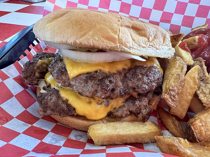 This isn't just a double cheeseburger&mdash;it's a monument to American excess done right, with melty cheese cascading down perfectly cooked patties.