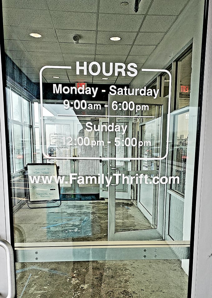 Hours posted clearly for planning your thrifting adventures. Their website offers even more details for the strategic bargain hunter.