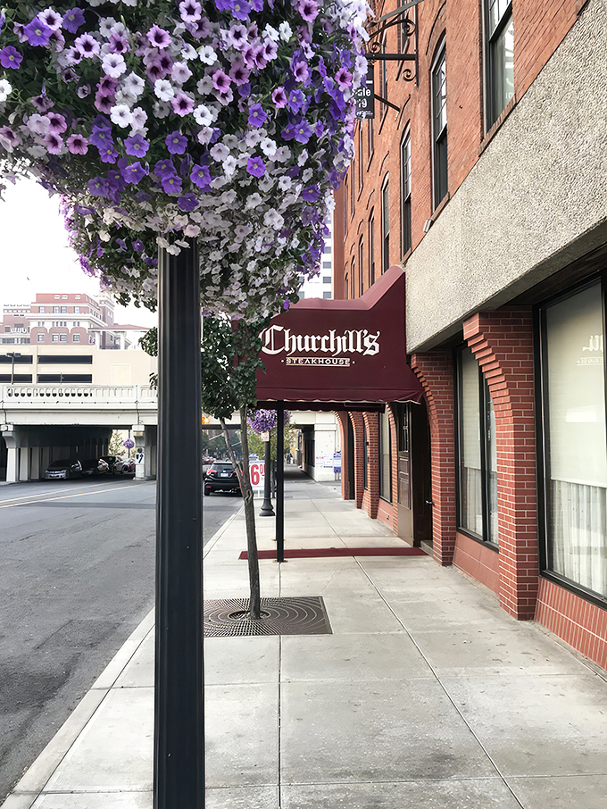 Even Spokane's downtown flowers seem to pause admiringly beside Churchill's entrance, their purple blooms offering a gentler contrast to the carnivorous pleasures within.