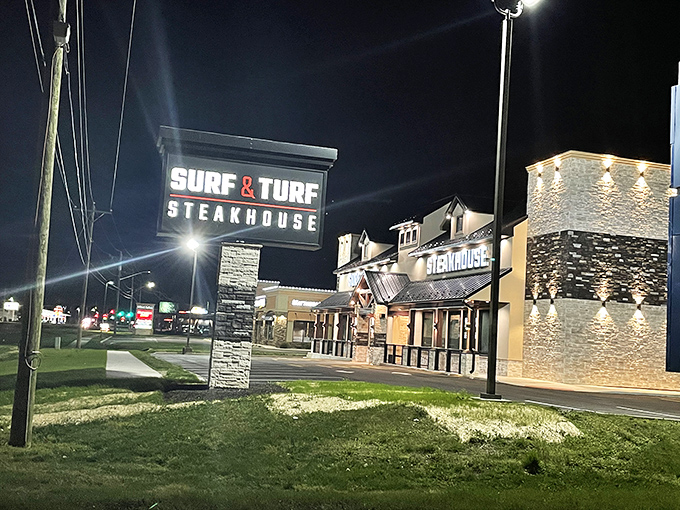 As night falls, Surf & Turf transforms into a glowing invitation to indulge&mdash;a lighthouse for hungry souls navigating the sea of dining options.