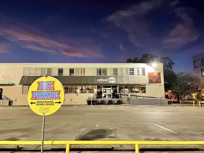 Free parking sign that's almost as exciting as what's inside. The thrill of the hunt begins with not paying for parking.