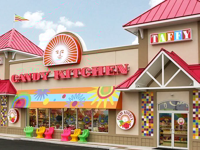 The red-roofed candy castle stands proud against blue skies, its "TAFFY" sign a bold declaration of its sweet sovereignty over Rehoboth Beach.