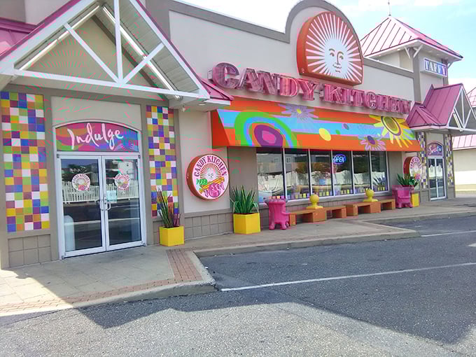 Candy Kitchen's exterior is the architectural equivalent of a sugar rush&mdash;bright, bold, and impossible to miss, even in a town full of distractions.