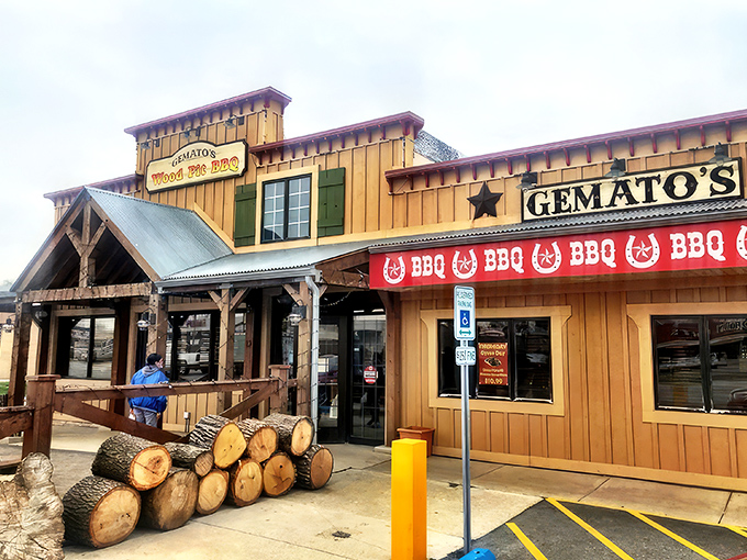The logs stacked outside aren't just for show—they're the secret supporting cast in the smoky magic happening inside. BBQ this good requires real wood, real time, and real patience.