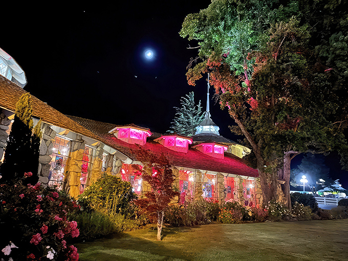 By night, the Copper Cafe transforms into a glowing pink beacon of culinary delight. Even the moon seems to have stopped by for dinner.
