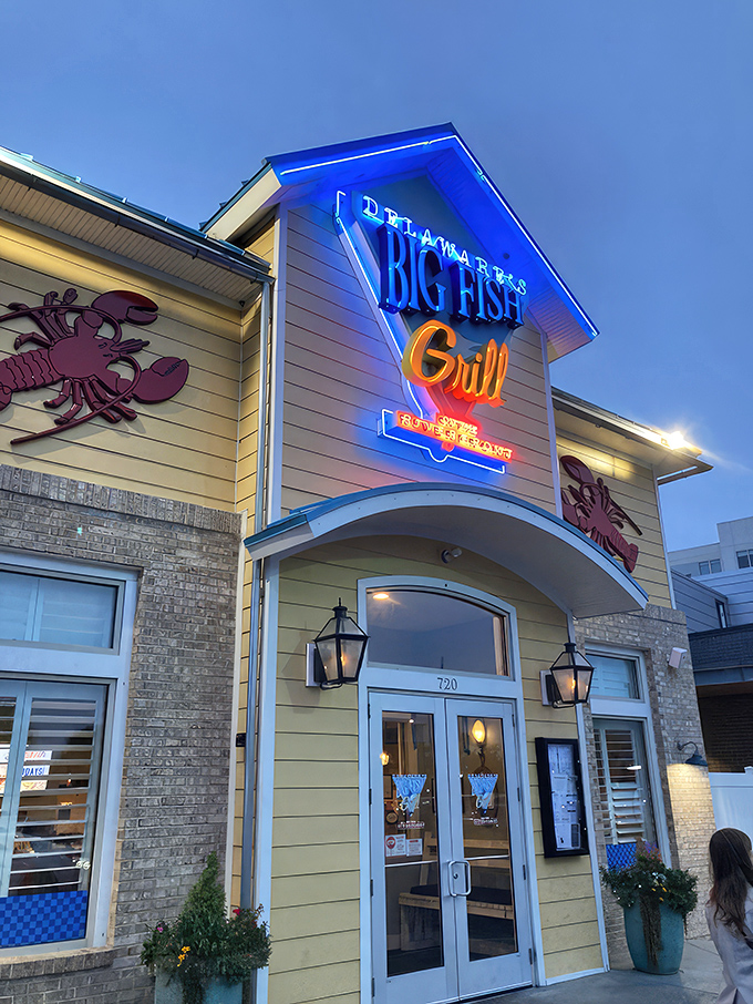 As evening falls, the neon sign glows like a lighthouse guiding hungry travelers to safe harbor&mdash;and excellent seafood&mdash;on Wilmington's Riverfront.
