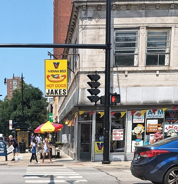 Summer at Jake's—where the Vienna Beef umbrella provides shade for those making the pilgrimage to hot dog hallowed ground.