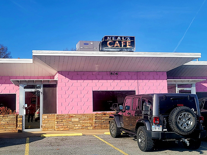 Morning light hits the pink exterior like nature's Instagram filter. Your car knows to stop here before your brain even processes the hunger. 