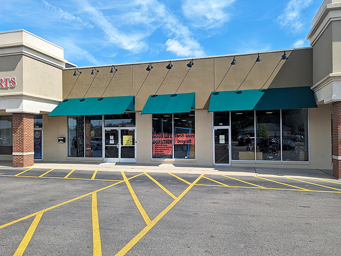 The alternate exterior view showcases the strip mall location. Like finding a hidden restaurant gem, this unassuming storefront conceals remarkable retail therapy within.