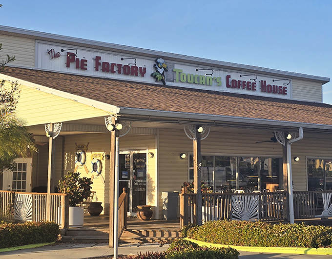 The evening light bathes The Pie Factory in a golden glow. Like the pies inside, this exterior promises comfort, nostalgia, and a touch of Florida magic.