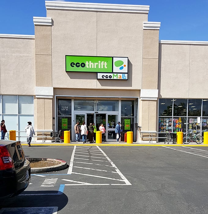 The Eco Thrift storefront on a perfect California day—blue skies above, bargains within.
