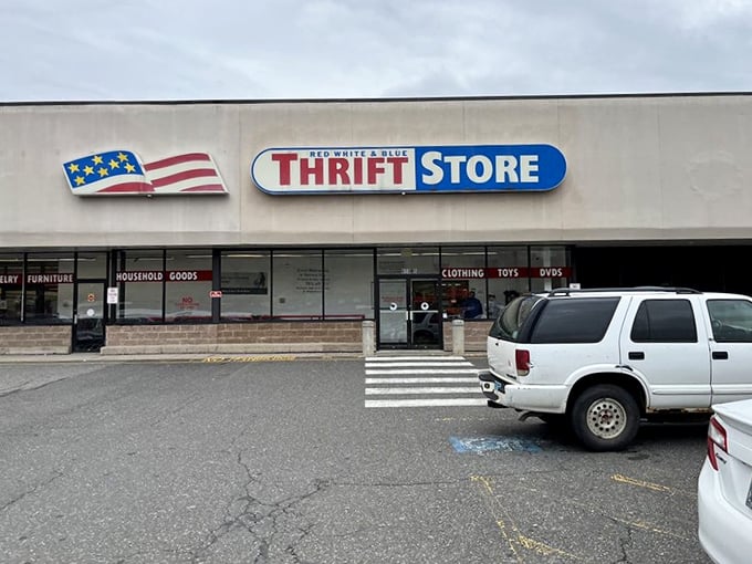 The exterior view that greets thrift warriors as they arrive, hearts racing with anticipation of what treasures await inside those doors.