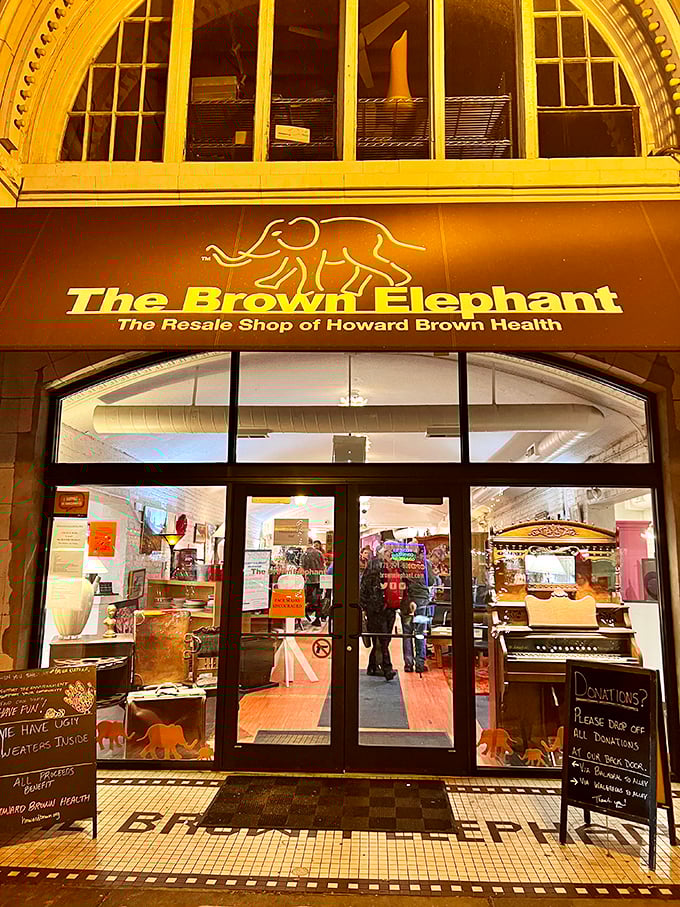 Evening light bathes the storefront in golden hues, beckoning bargain hunters and treasure seekers for one last magical find.