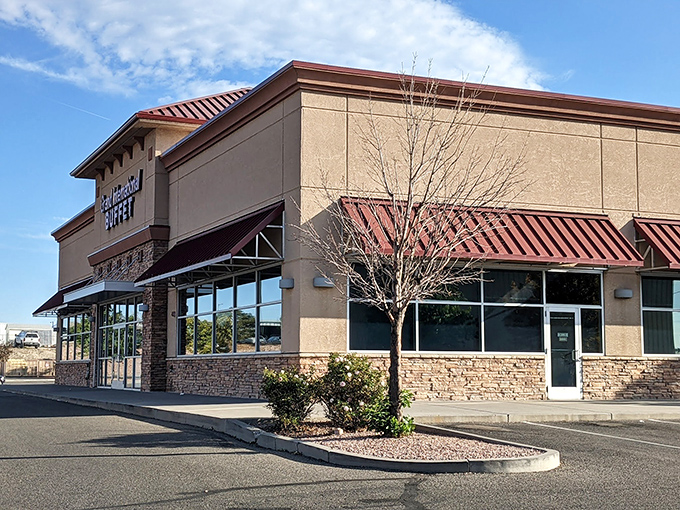 Morning light bathes the restaurant exterior, a beacon of hope for the hungry souls of Grand Junction seeking all-you-can-eat salvation.