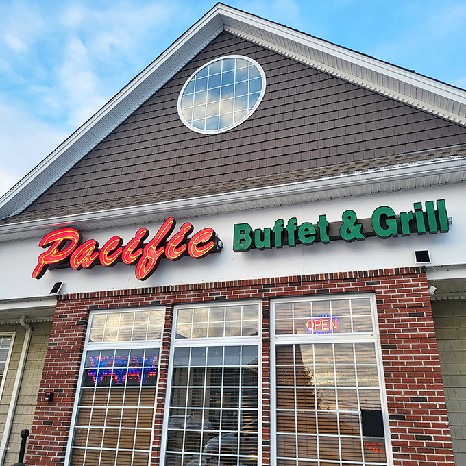 The distinctive architecture with its round window above the entrance makes Pacific Buffet & Grill impossible to miss &ndash; your stomach will thank you for noticing.